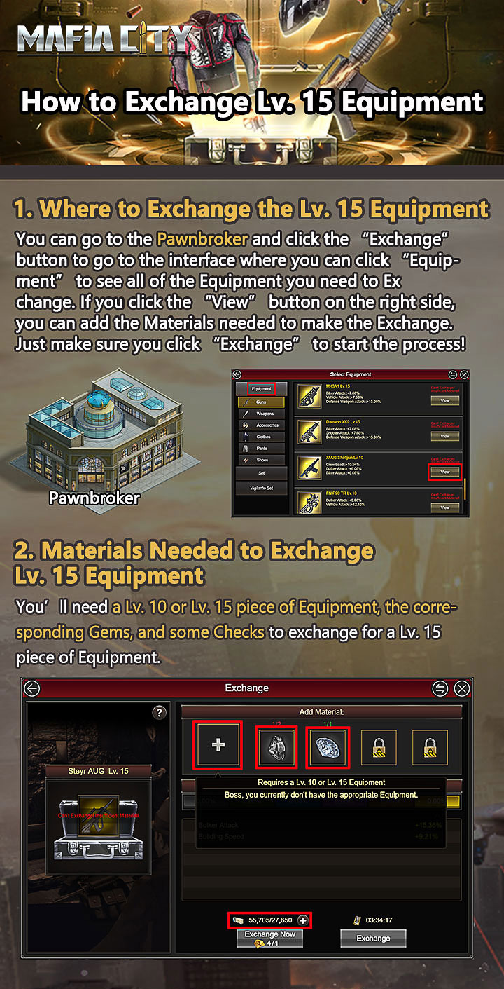 HOT Newbie Guide -- How to Exchange Lv. 15 Equipment | Mafia City H5